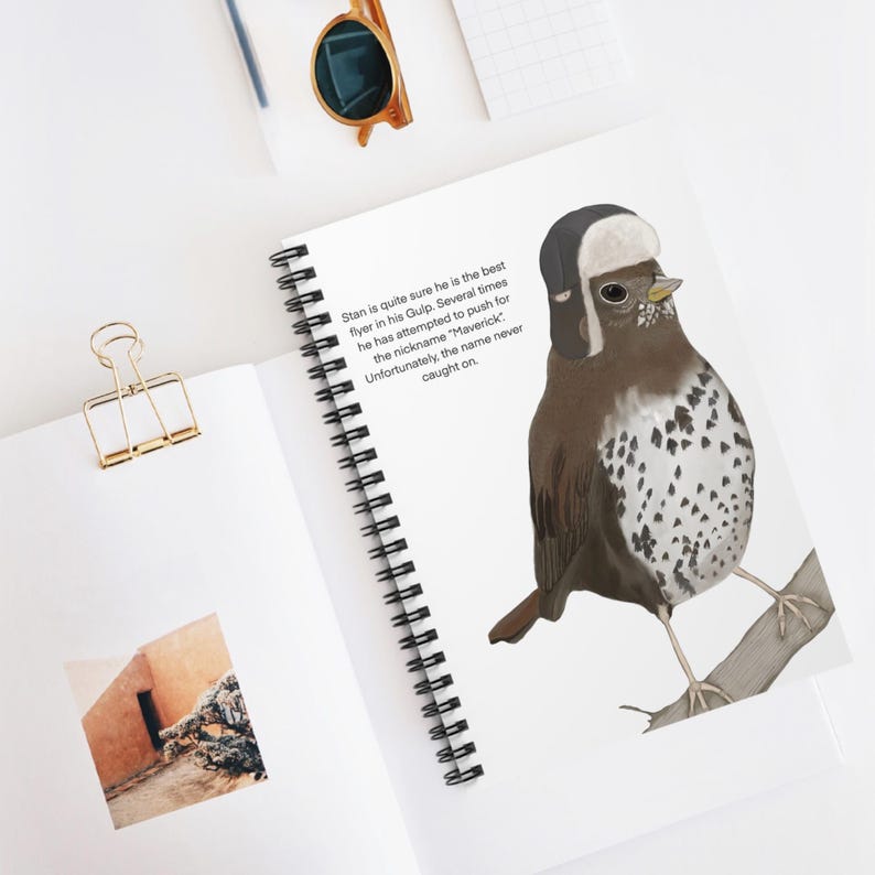 Spiral Notebook - Hand Drawn Fox Sparrow Wear a Pilot Cap Humorous ...