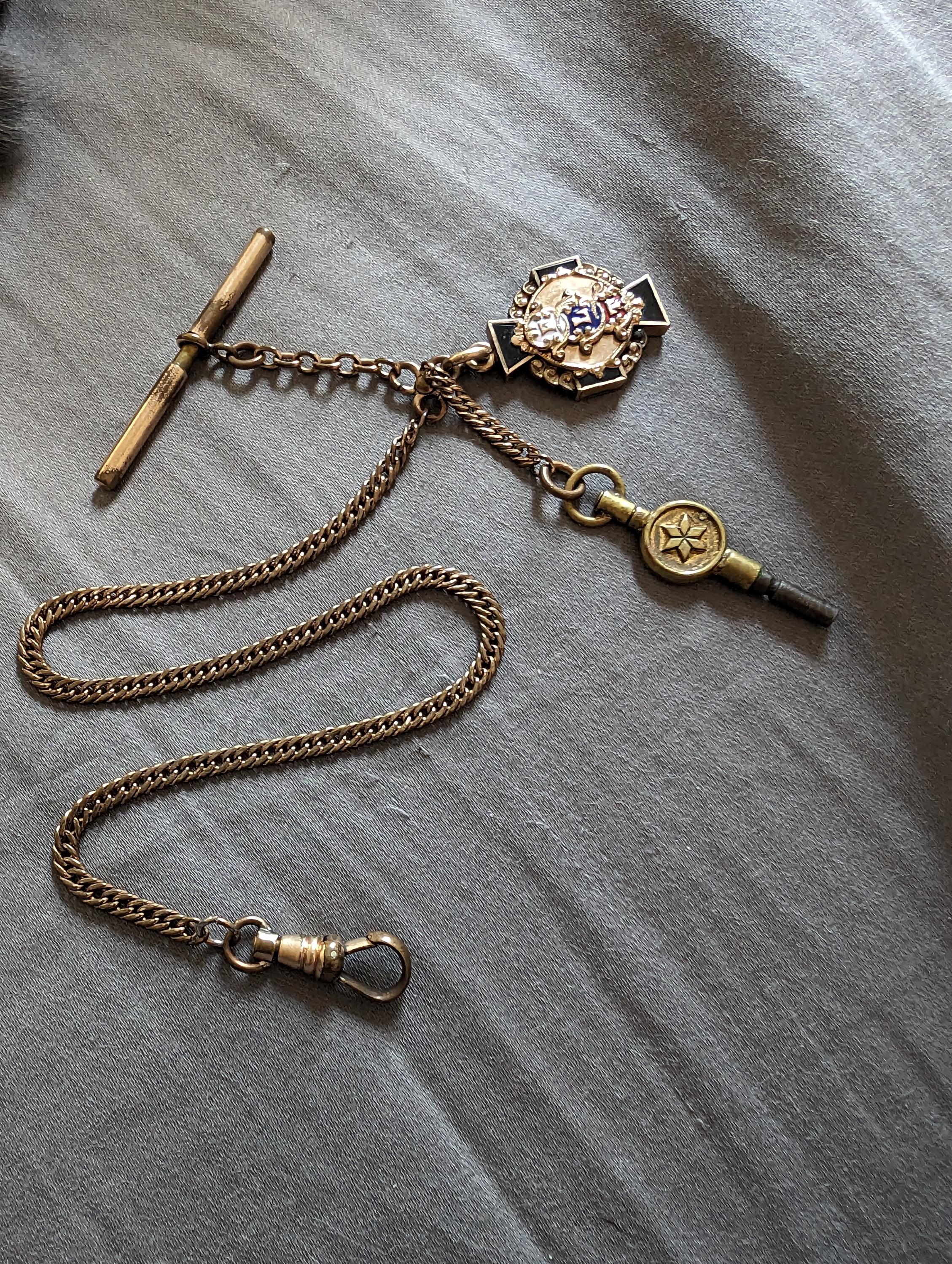 Antique Victorian Masonic Pocket Watch Chain With Key FLT Maltese Cross ...