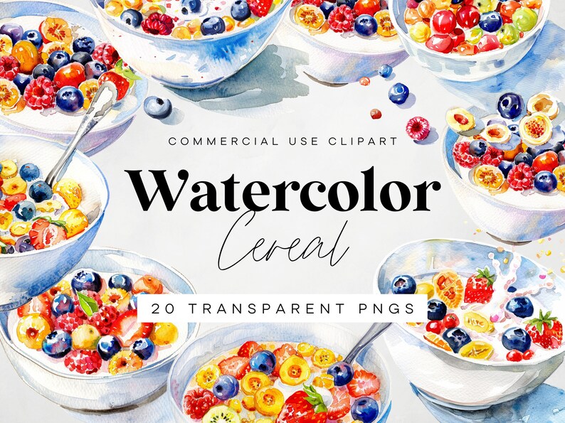 Cereal Clipart, Food Clipart, Watercolor Clipart, Breakfast Clipart ...
