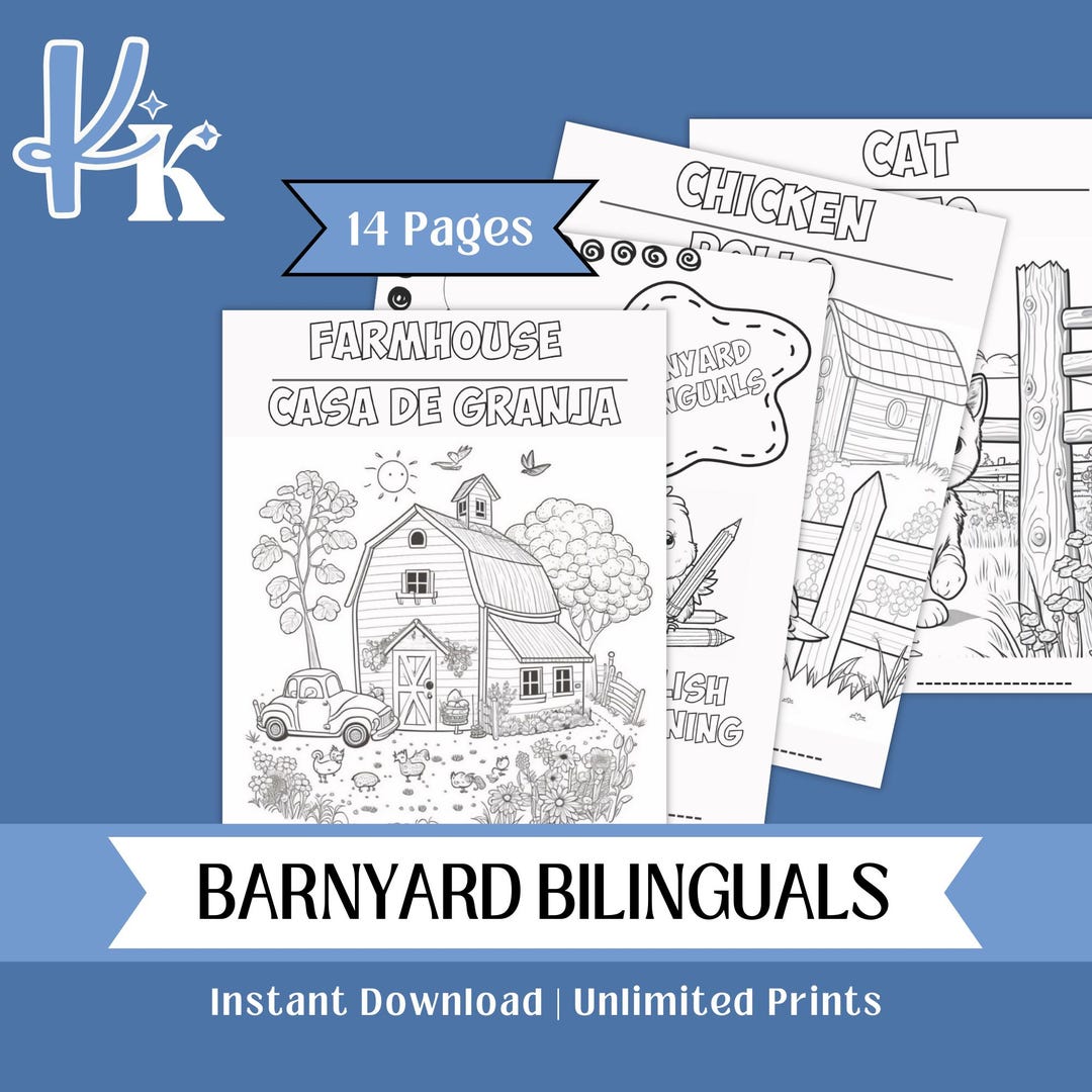 Barnyard Bilingual Coloring Book, Instant Download, 14 Grayscale ...