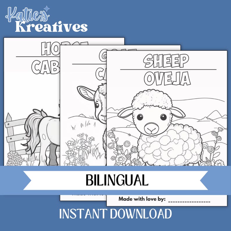 Barnyard Bilingual Coloring Book, Instant Download, 14 Grayscale ...