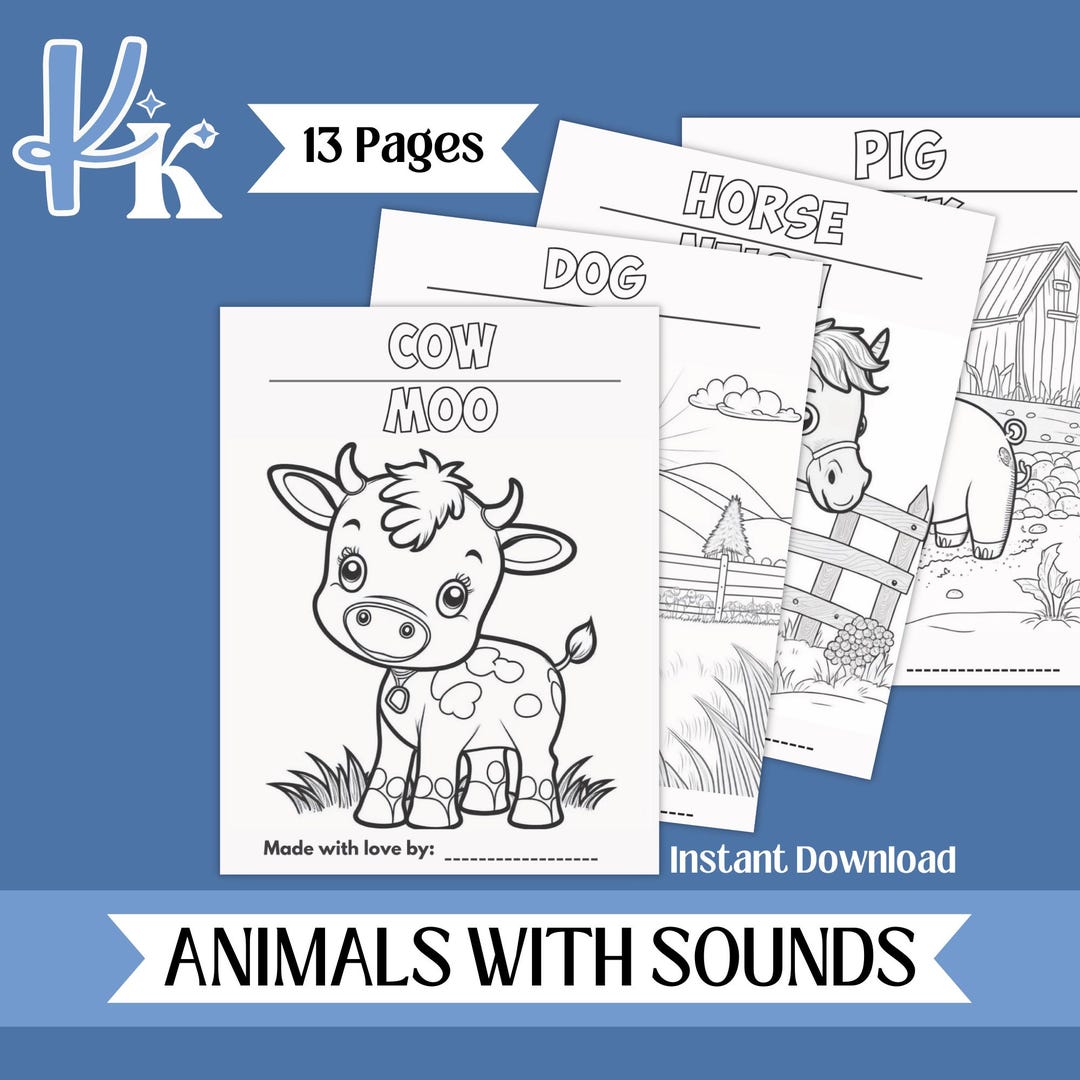 Animals With Sounds Coloring Book, Instant Download, 13 Grayscale ...