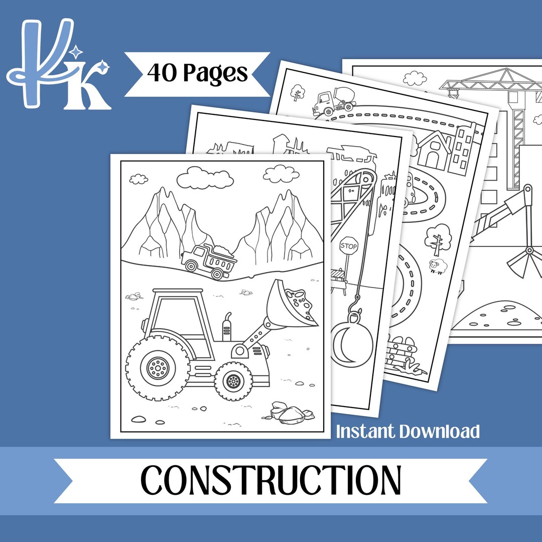 Construction Coloring Book, Instant Download, 40 Grayscale Coloring ...