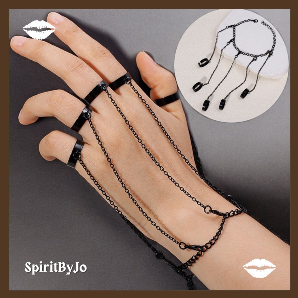 Goth Black Punk Chain Bracelet Ring Charm Set for Men Women Chains ...
