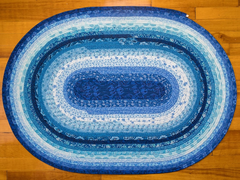 Small Oval Handmade Jelly Roll Rug: Blue Floral Prints - Measures ...