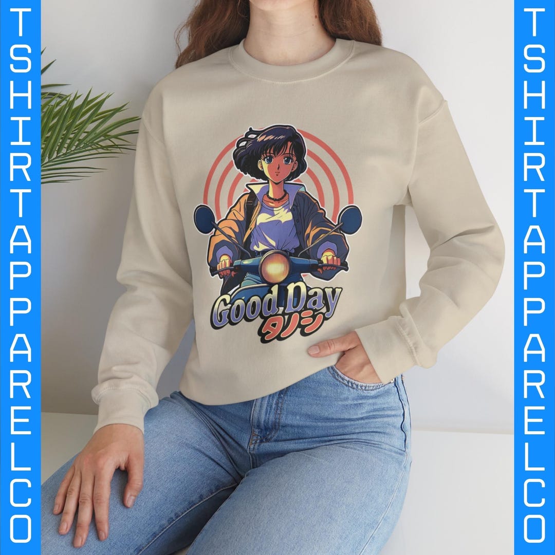 Good Day Anime Sweatshirt, Retro Japanese Biker Girl Pullover, Vintage ...