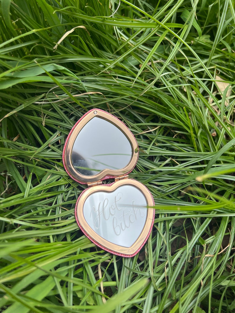 Pink Sparkley Heart Shaped Compact Mirror Hand Engraved With the Words ...