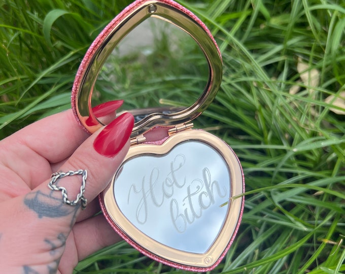 Pink Sparkley Heart Shaped Compact Mirror Hand Engraved With the Words ...