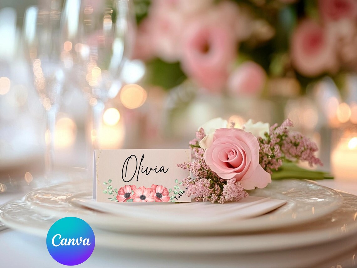 Printable Floral Place Cards Template, Canva Custom Editable, Classy ...