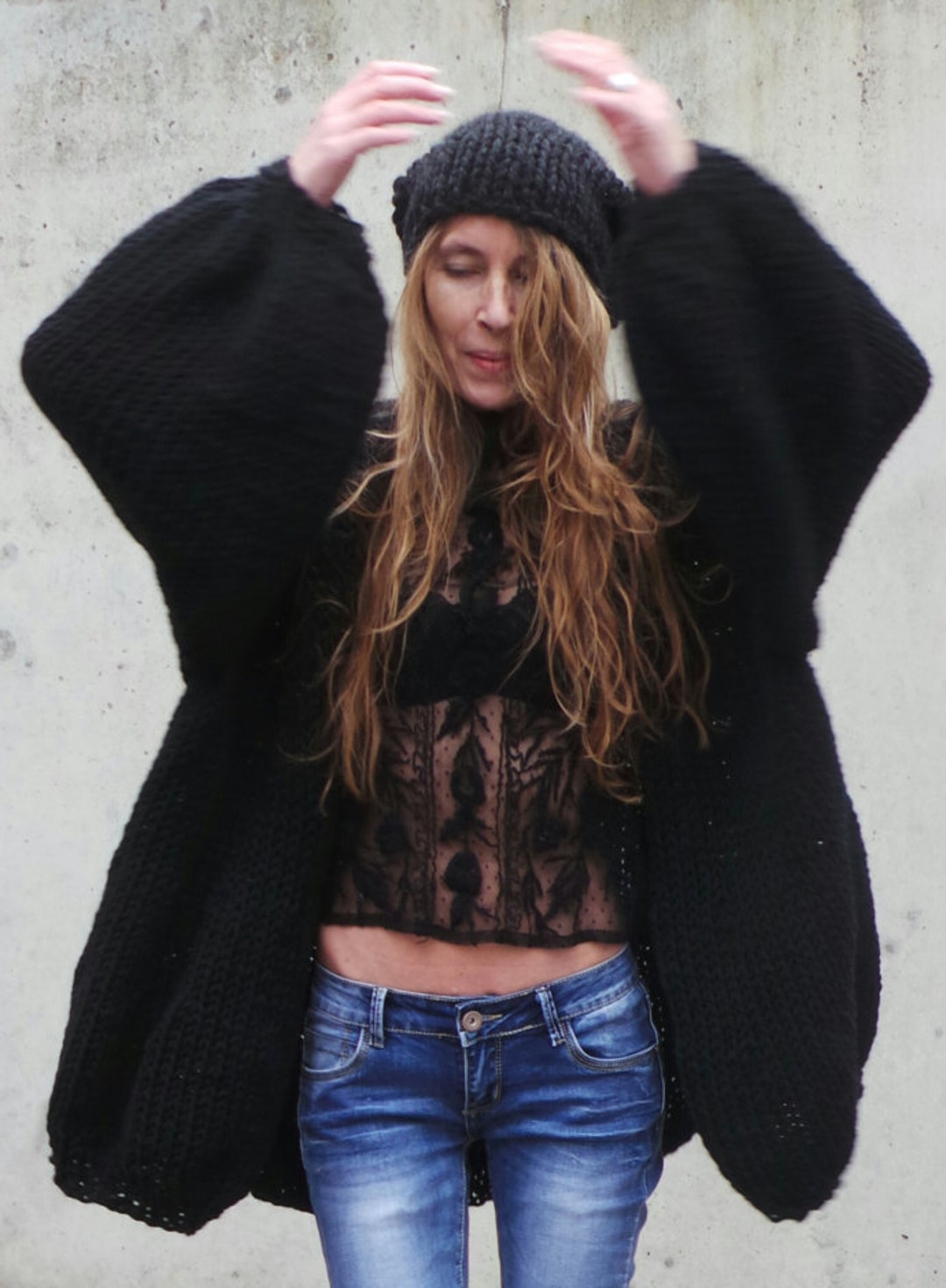 Over Sized Chunky Black Cardigan Sweater Women's Chunky Knit Puff ...