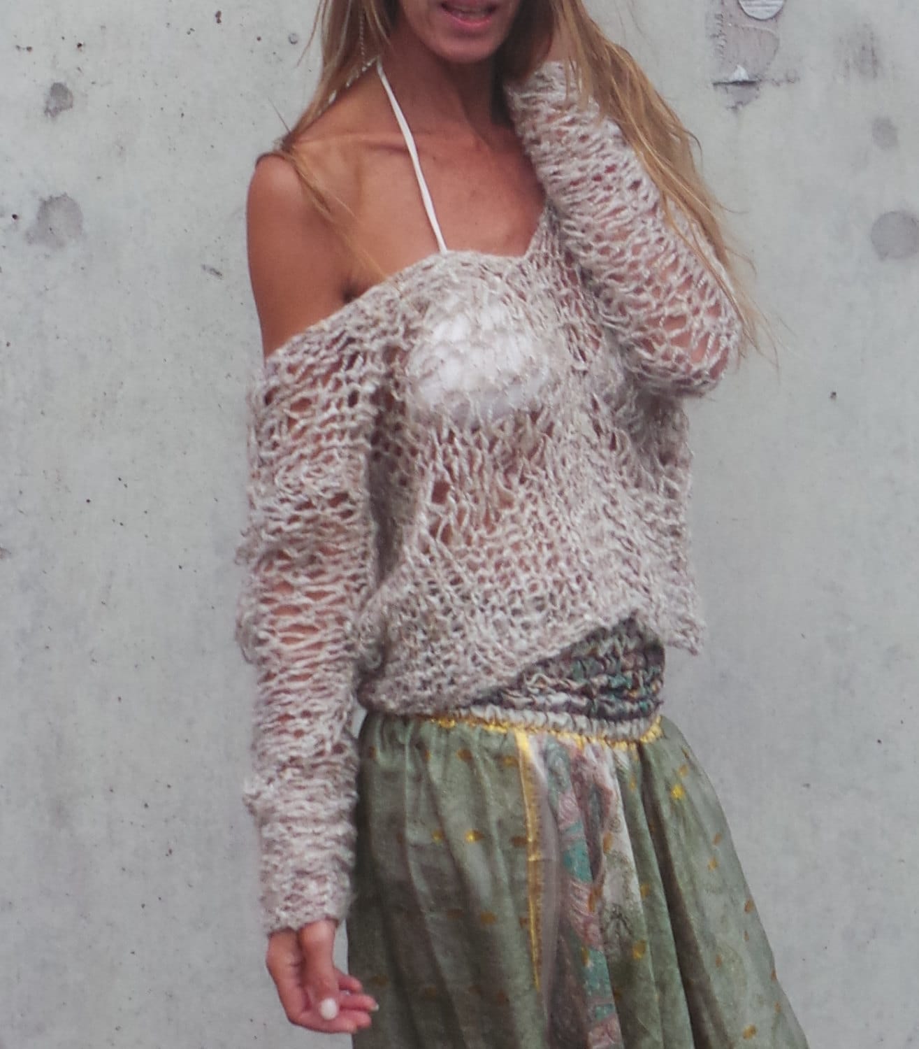 Beige Backless Knit Sweater: Women's Boho V-neck Top - Etsy