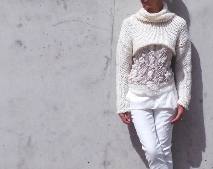Ivory White Chunky Sweater, Cropped Sweater, Shrug, Slim Fit Top, Ile ...