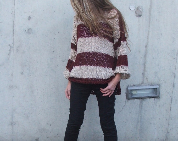 Fawn and Deep Berry Red Striped Alpaca Mix Light Weight Sweater LAST ...