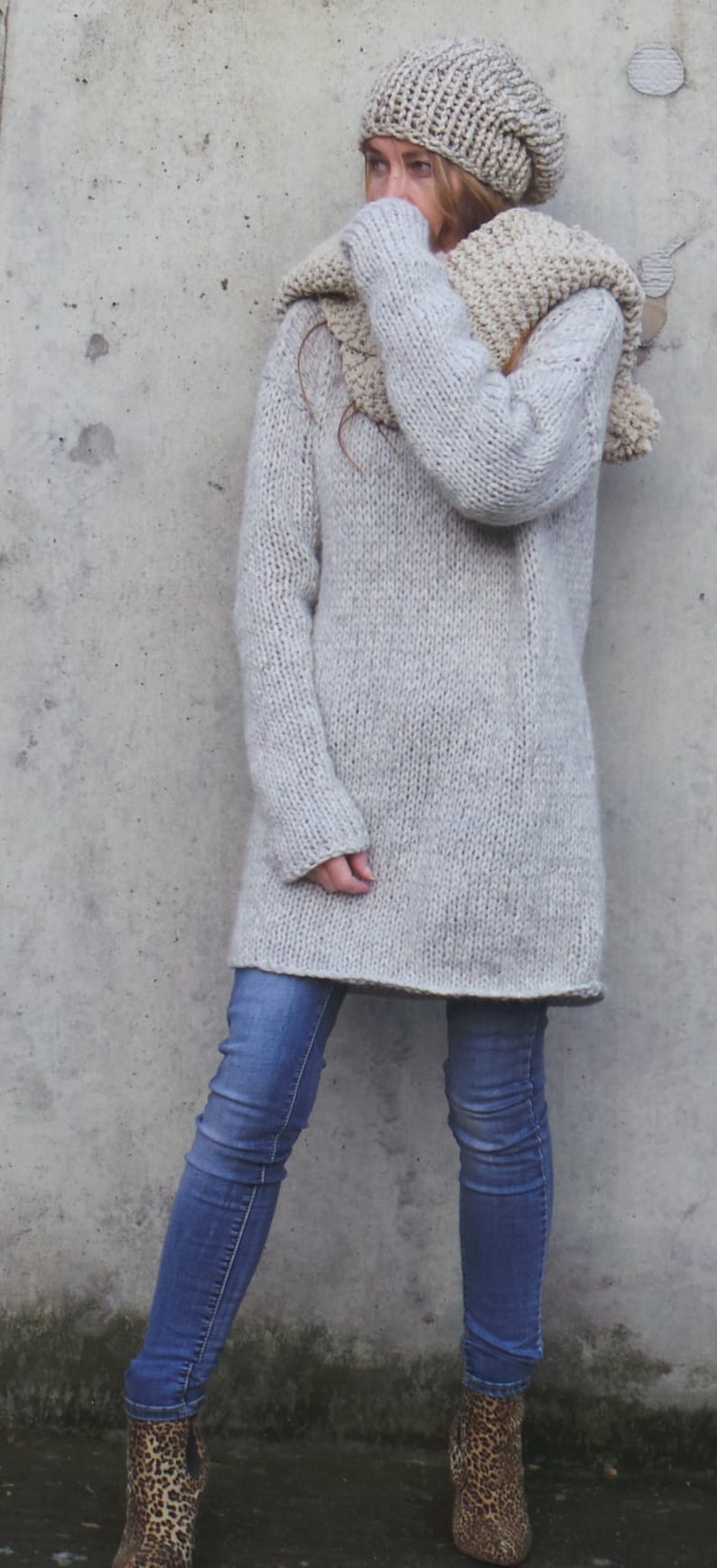 Silver Gray Alpaca Knit Long Sweater Dress Slouchy With Extra | Etsy