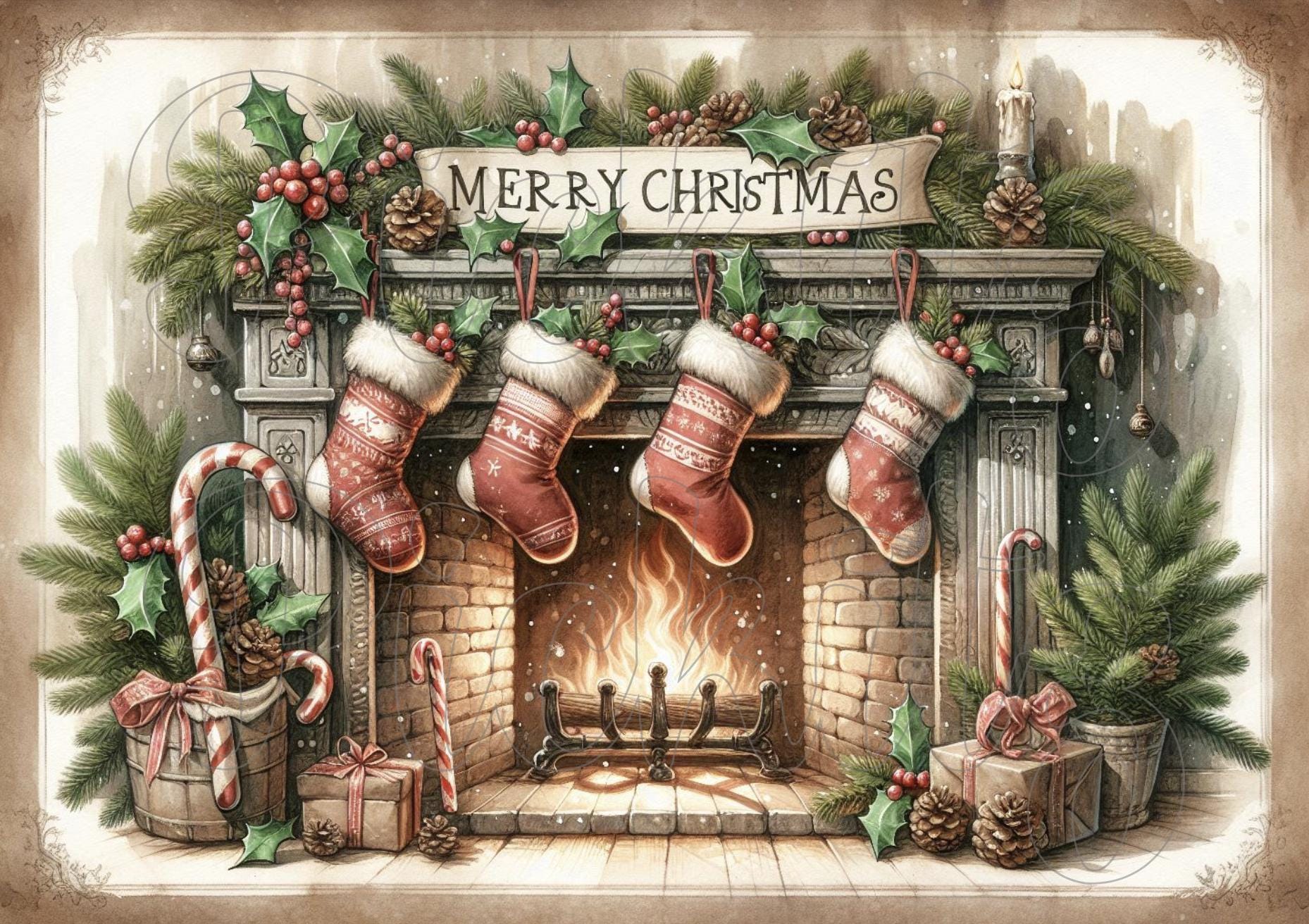 Christmas Fireplace Scene Bundle, 4 Styles, Farmhouse, Instant Download ...