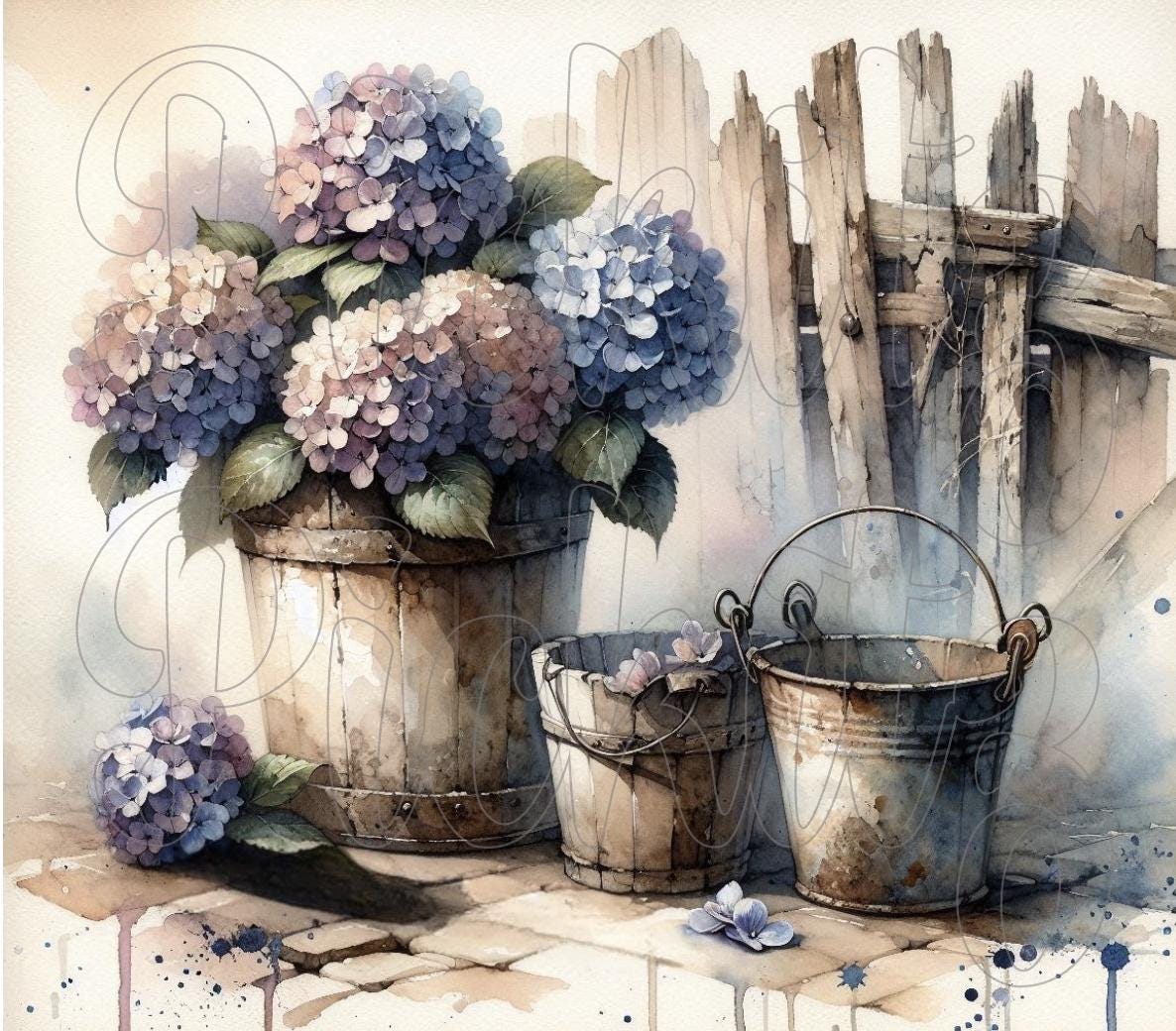 Hydrangeas and Buckets Bundle, 4 Styles, Primitive Farmhouse, Instant ...