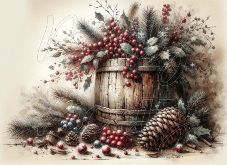 Red Berries and Barrel, 3 Styles, Farmhouse, Instant Download ...