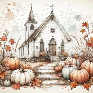 Fall Church Scene Bundle, 3 Styles, Primitive Farmhouse, Instant ...