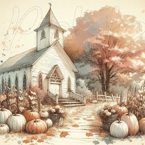 Fall Church Scene Bundle, 3 Styles, Primitive Farmhouse, Instant ...