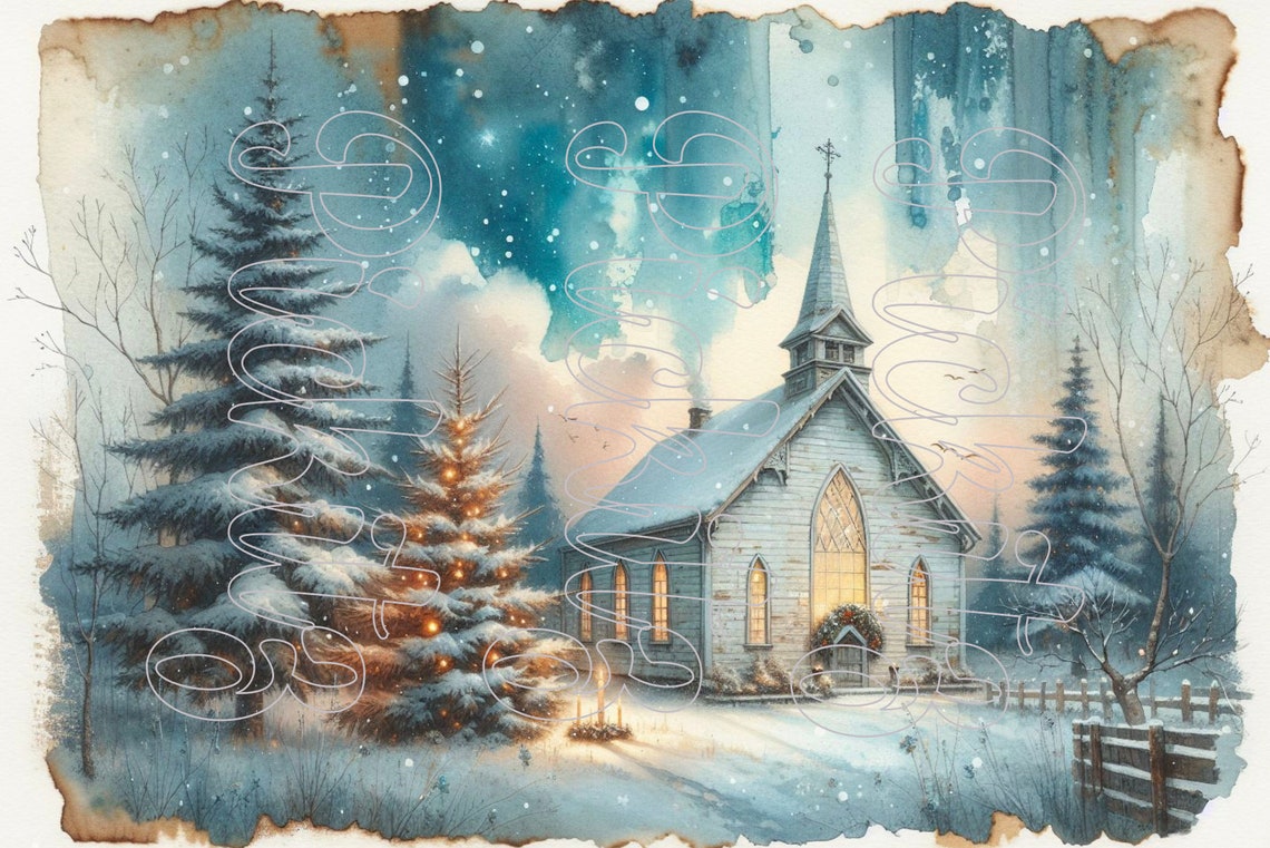 Old Church Winter Scene Bundle, 4 Styles, Farmhouse, Instant Download ...