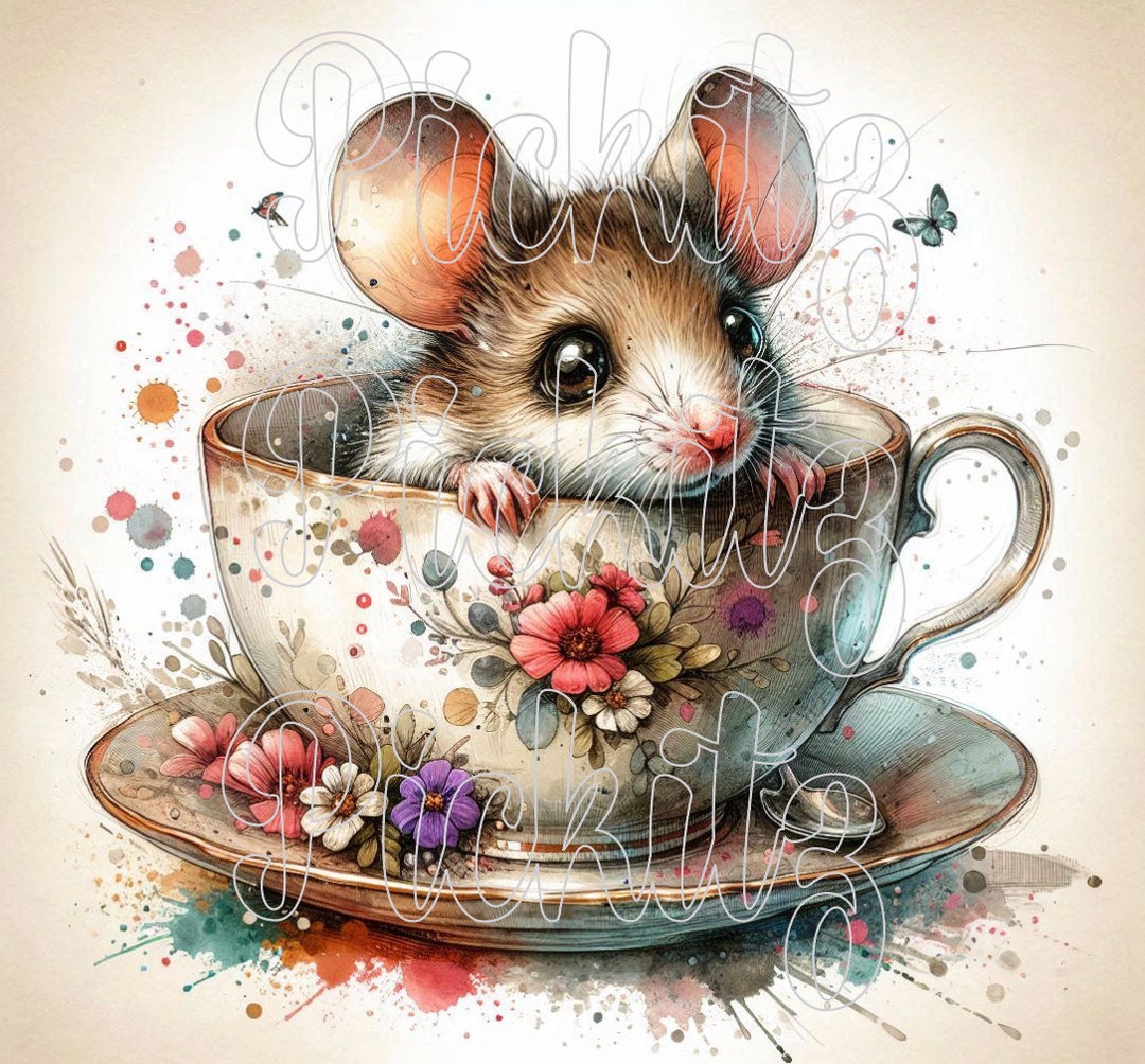 Mouse in a Tea Cup, 4 Styles Primitive Farmhouse, Instant Download ...