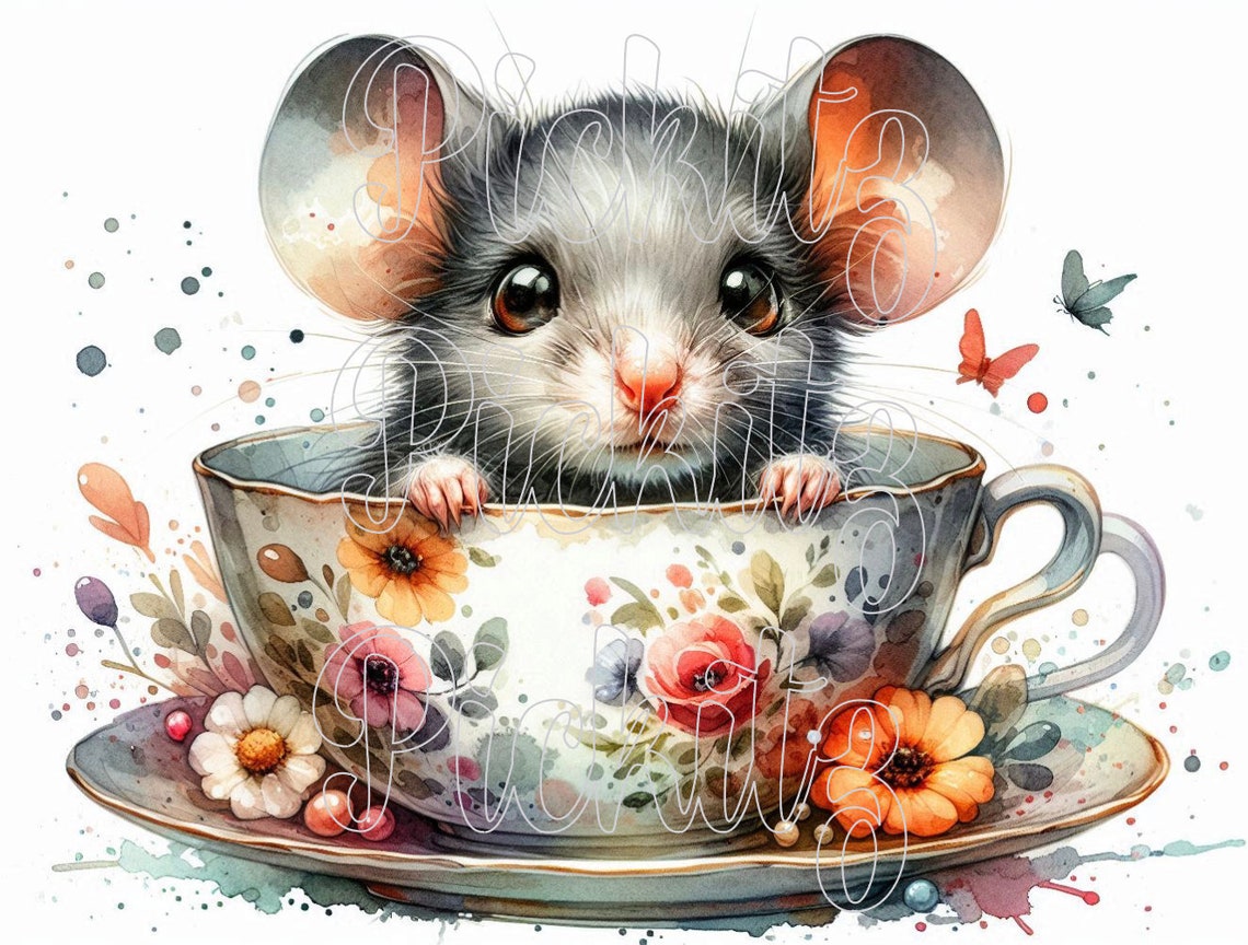 Mouse in a Tea Cup, 4 Styles Primitive Farmhouse, Instant Download ...