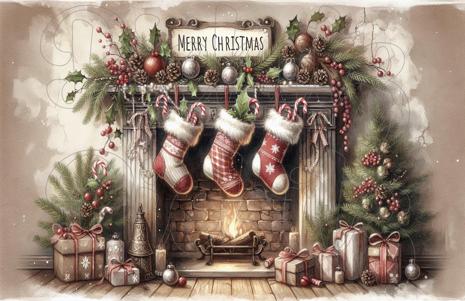 Christmas Fireplace Scene Bundle, 4 Styles, Farmhouse, Instant Download ...