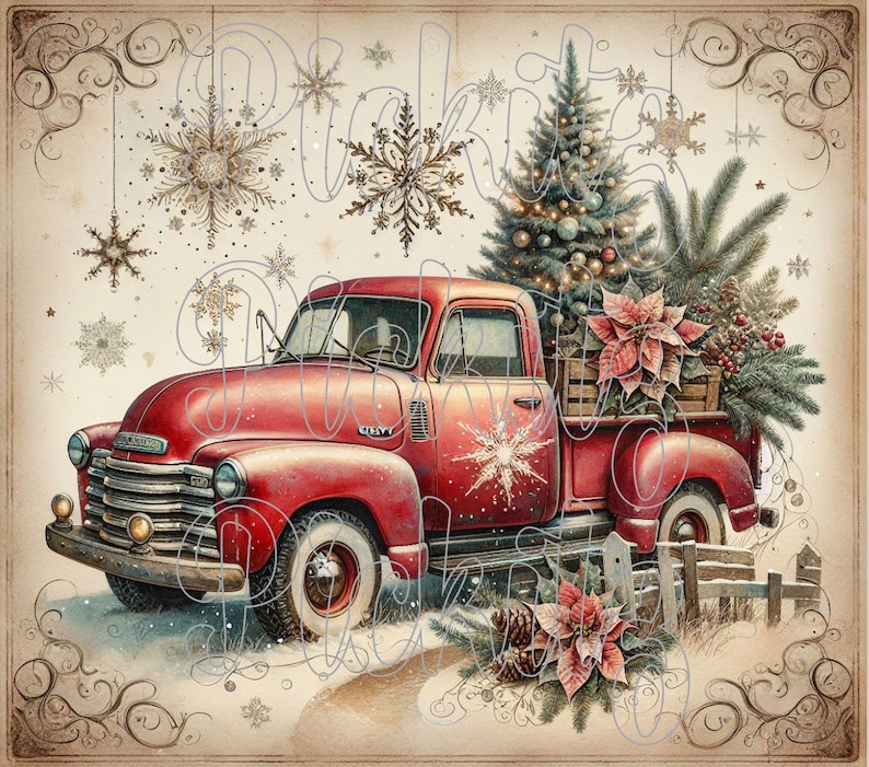 Red Truck With Christmas Tree Bundle, 4 Styles, Farmhouse, Instant ...