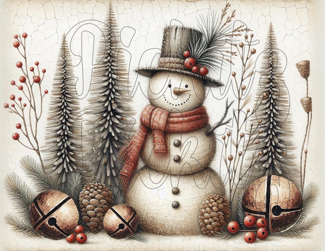 Primitive Snowman Scene, Christmas, Farmhouse, Instant Download ...