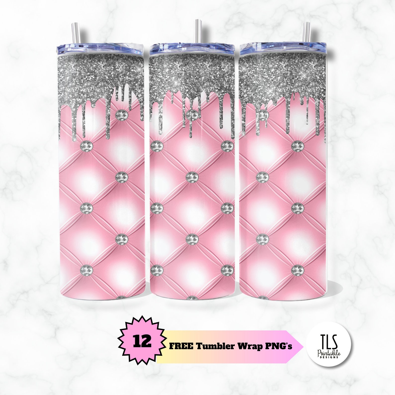 Pink & Silver Tufted Glitter Rhinestone 20oz Sublimation Tumbler Design ...