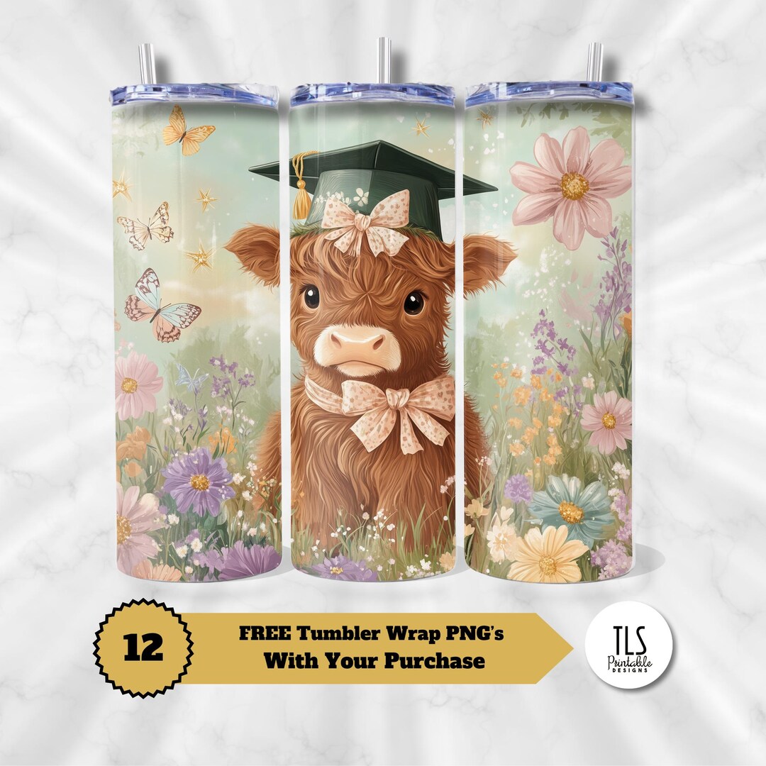 Cute Highland Cow Graduation Cap Floral Celebration #3 Skinny 20 Oz ...