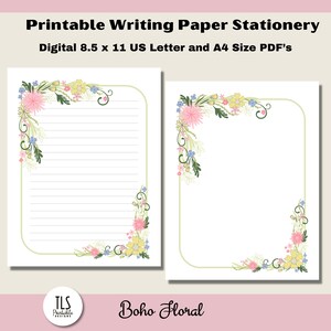 Printable Stationery Writing Paper Lined & Blank Set Pretty Boho Floral ...