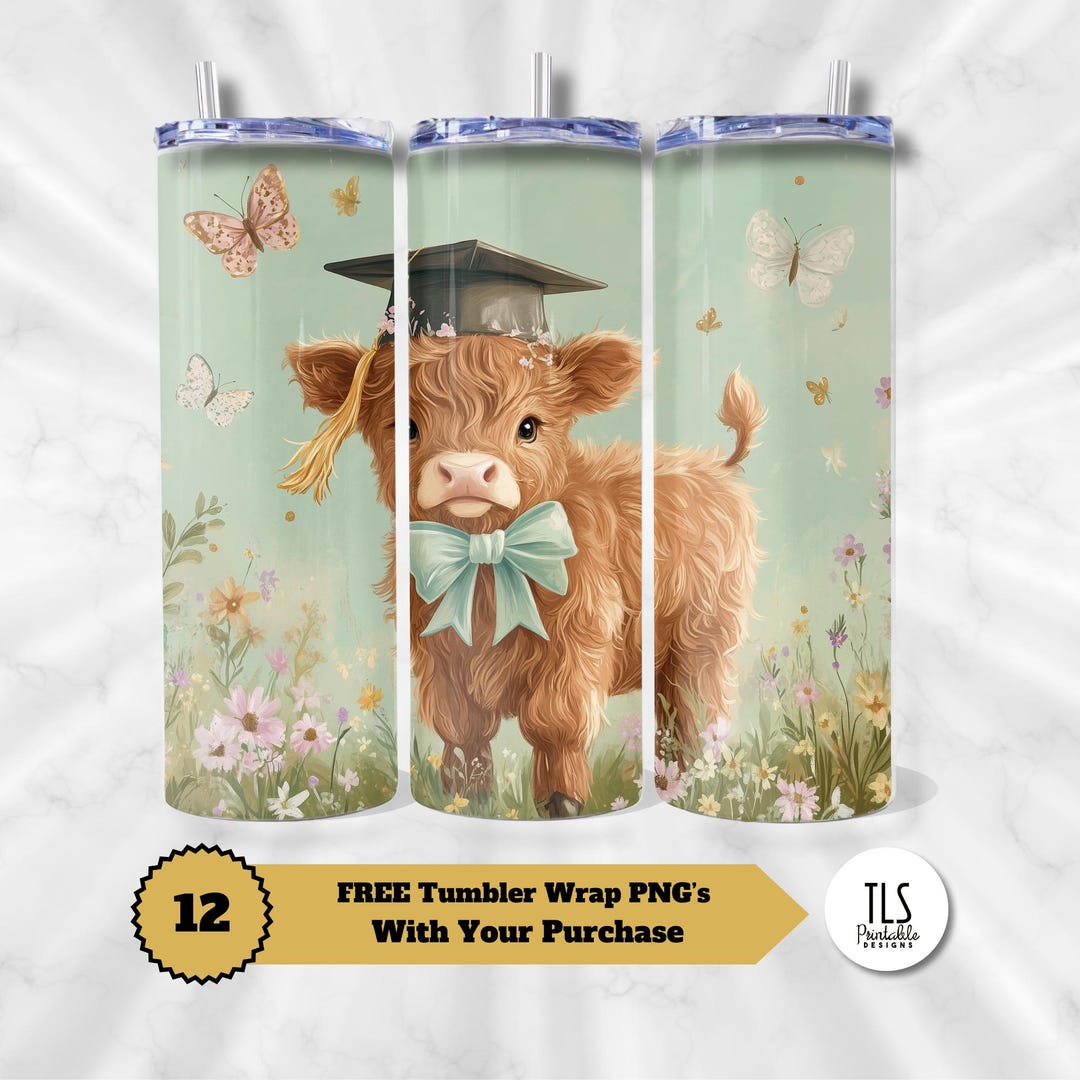 Cute Highland Cow Graduation Cap Floral Celebration #4 Skinny 20 Oz ...