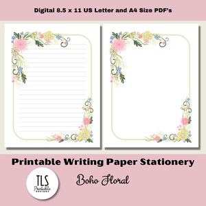 Printable Stationery Writing Paper Lined & Blank Set Pretty Boho Floral ...