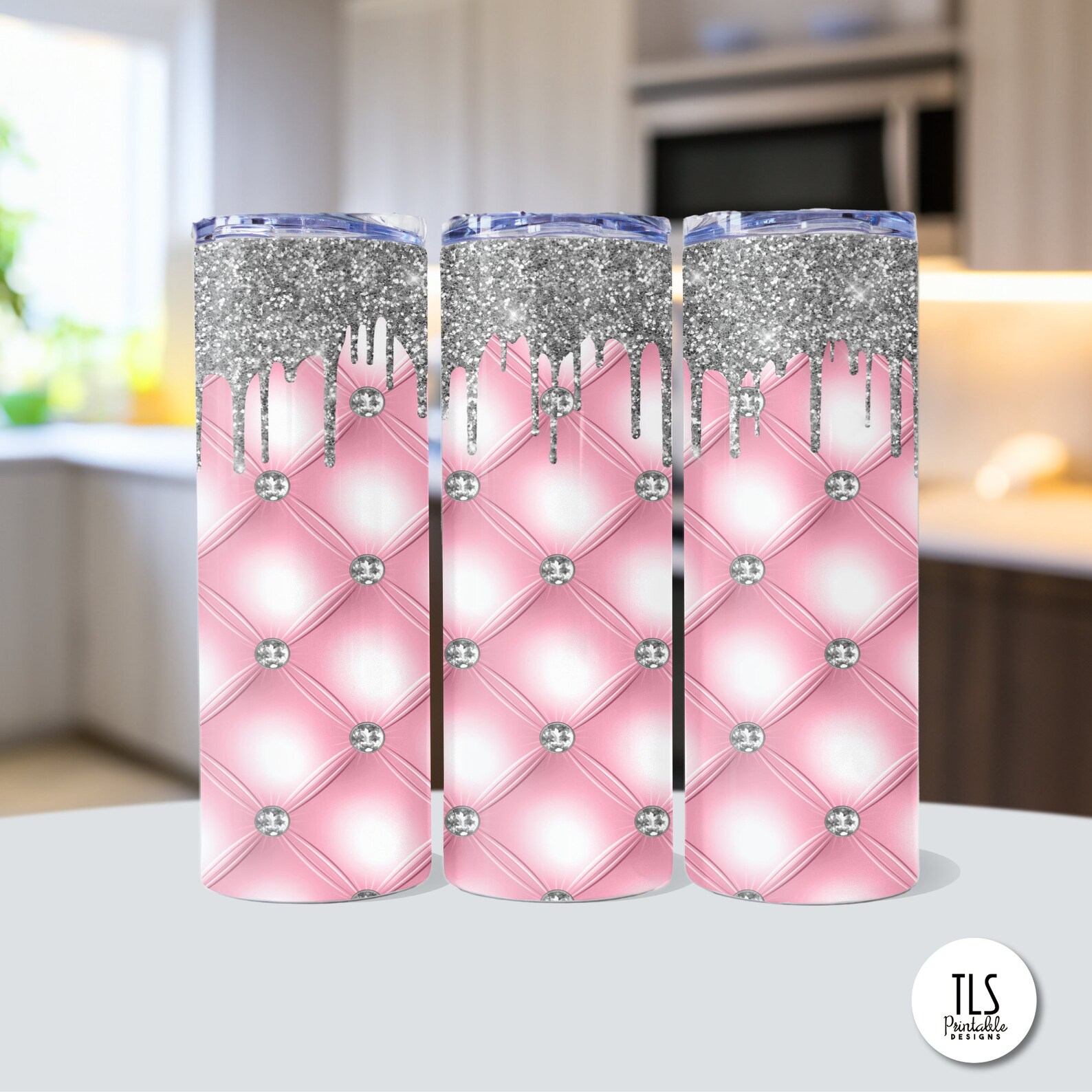Pink & Silver Tufted Glitter Rhinestone 20oz Sublimation Tumbler Design ...