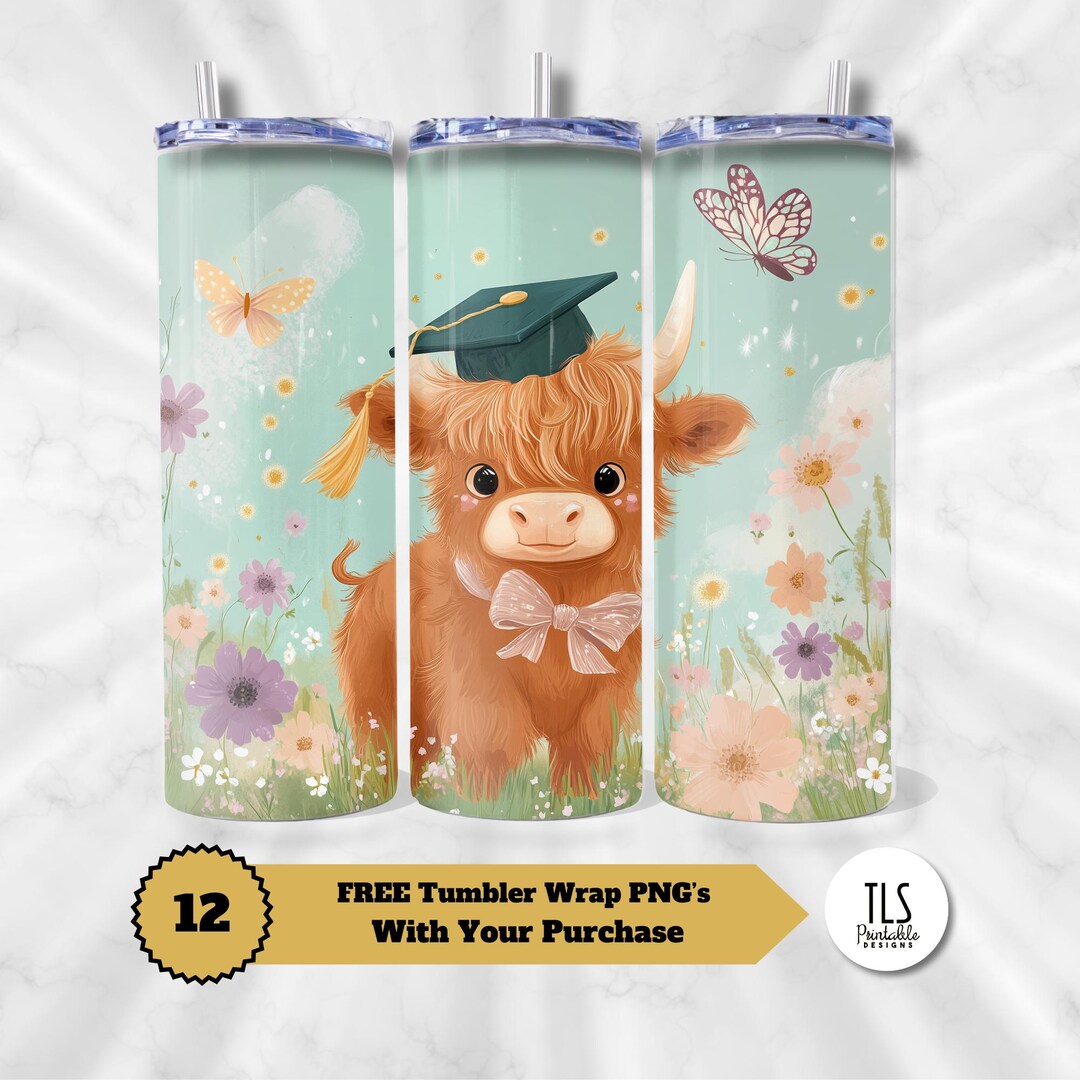 Cute Highland Cow Graduation Cap Floral Celebration #1 Skinny 20 Oz ...