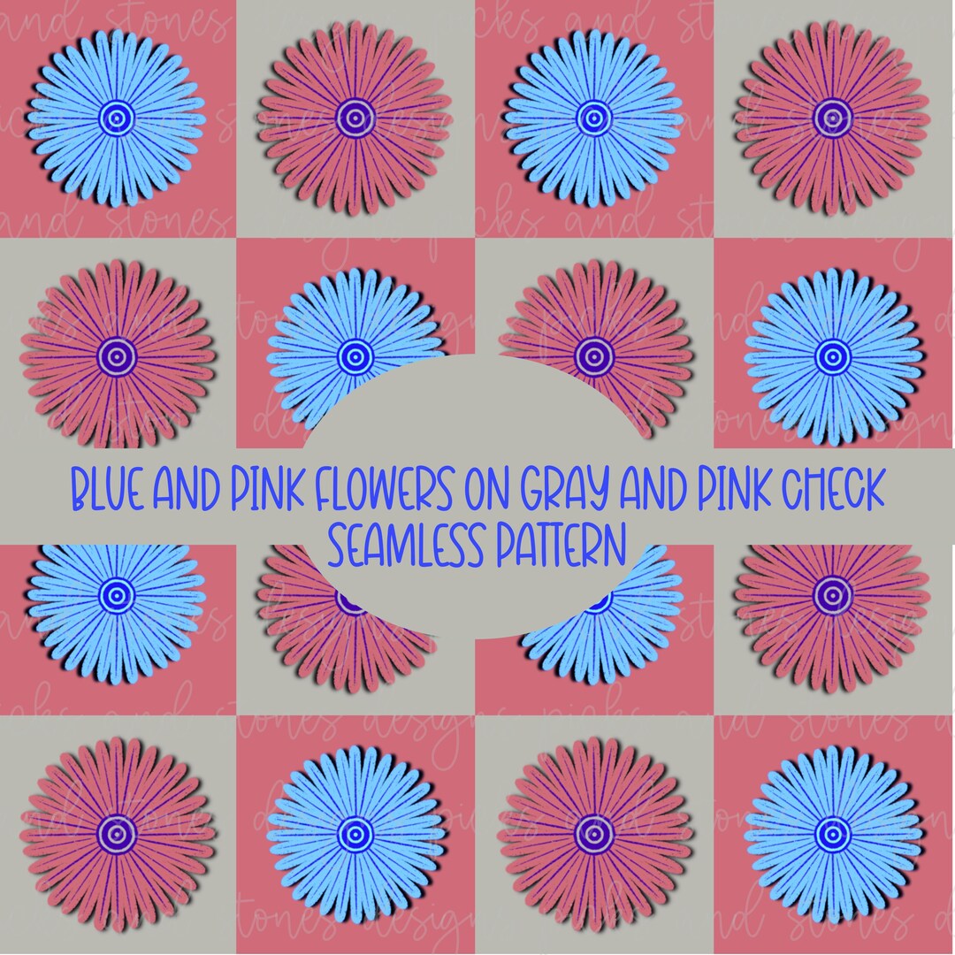 Pink and Gray Flowers Seamless Pattern | Pink Blue and Gray Check ...