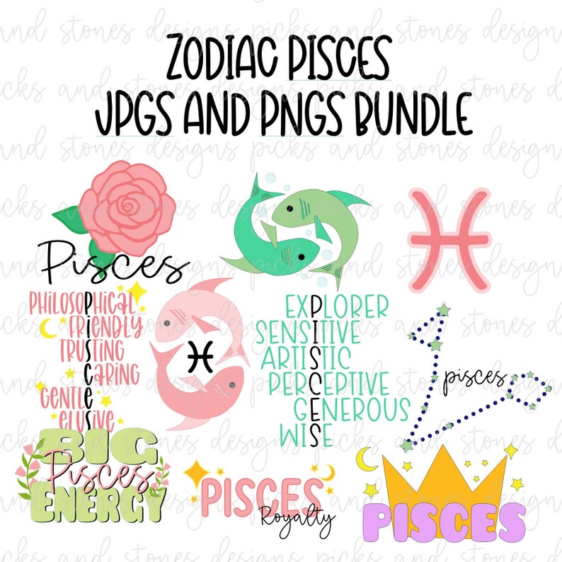 Zodiac Pisces Clipart| Pisces Digital Stickers Jpgs and Pngs (20 Files ...