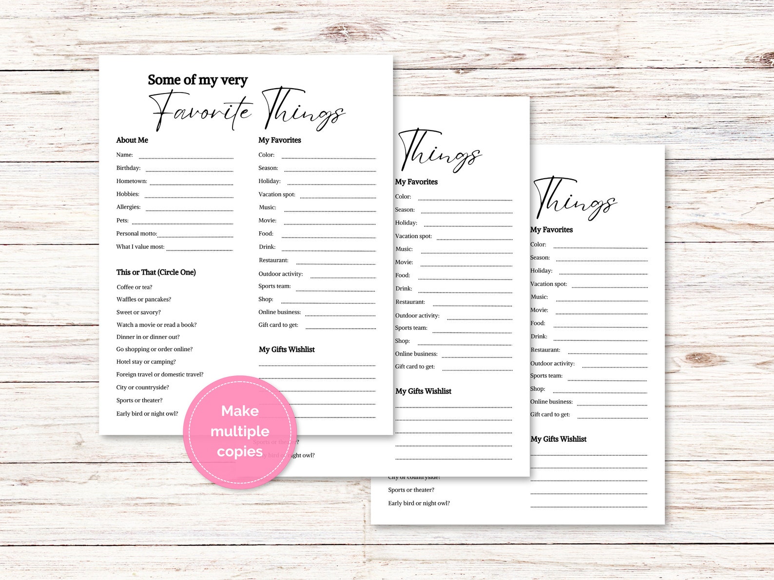 My Favorite Things List Survey Printable, All About Me Questionnaire ...