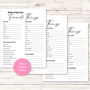 My Favorite Things List Survey Printable, All About Me Questionnaire ...