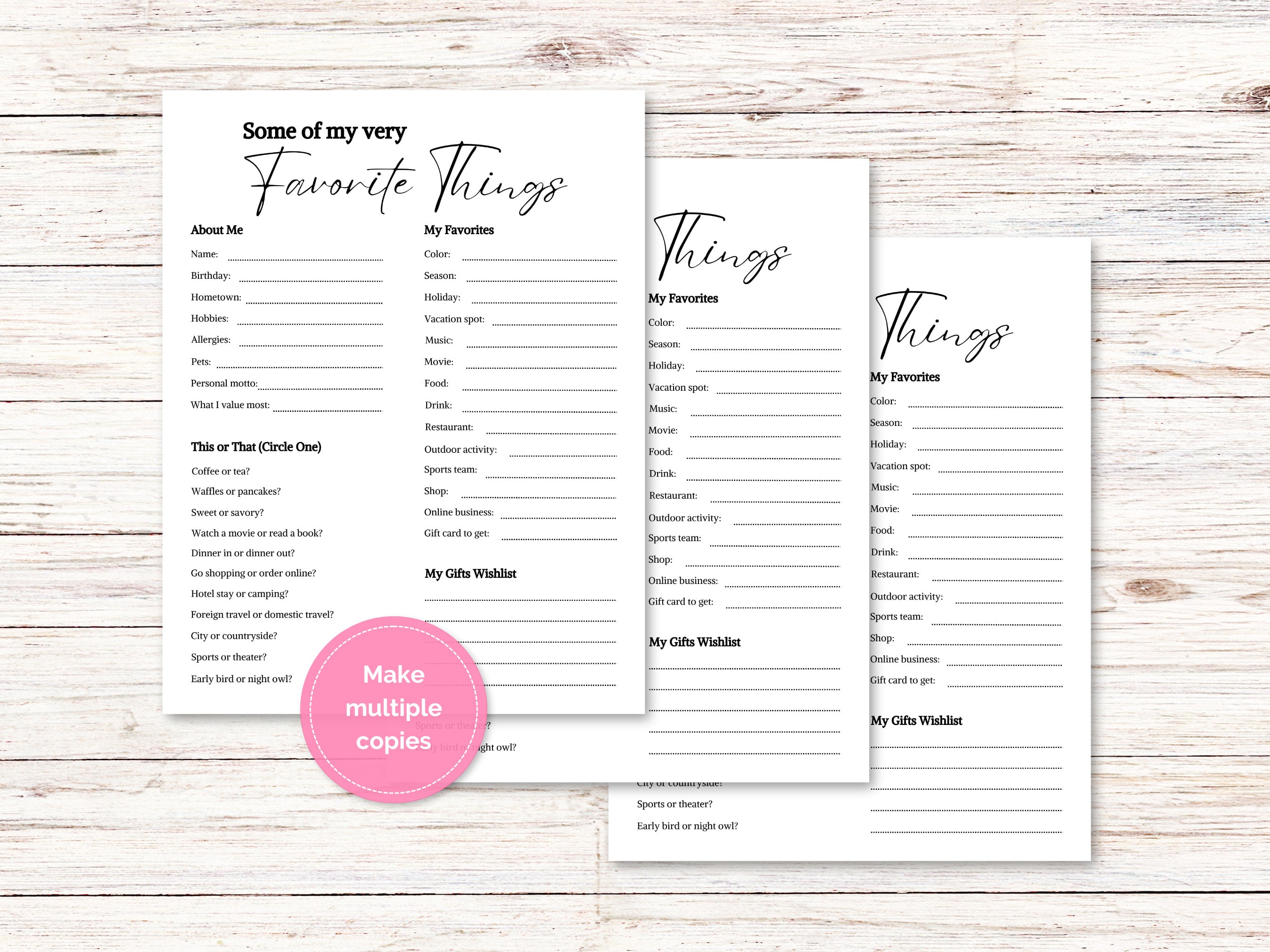 My Favorite Things List Survey Printable, All About Me Questionnaire ...
