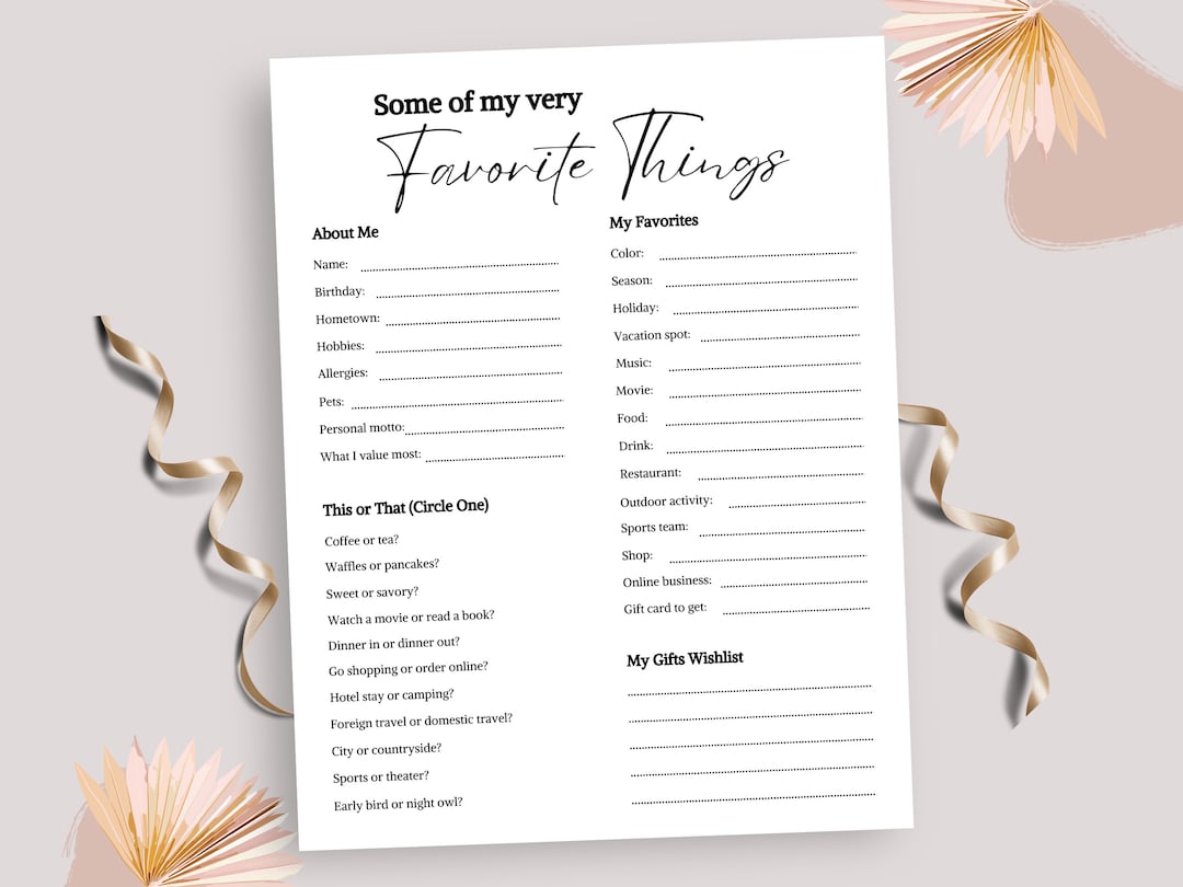 My Favorite Things List Survey Printable, All About Me Questionnaire ...