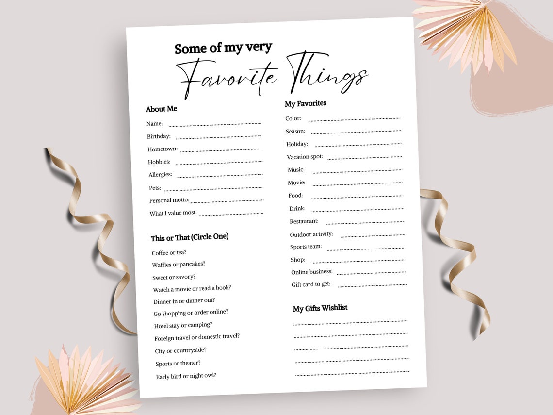 My Favorite Things List Survey Printable, All About Me Questionnaire ...