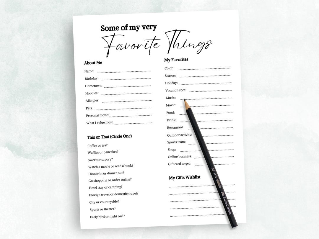 My Favorite Things List Survey Printable, All About Me Questionnaire ...