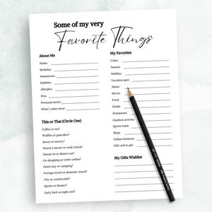 My Favorite Things List Survey Printable, All About Me Questionnaire ...