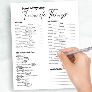 My Favorite Things List Survey Printable, All About Me Questionnaire ...