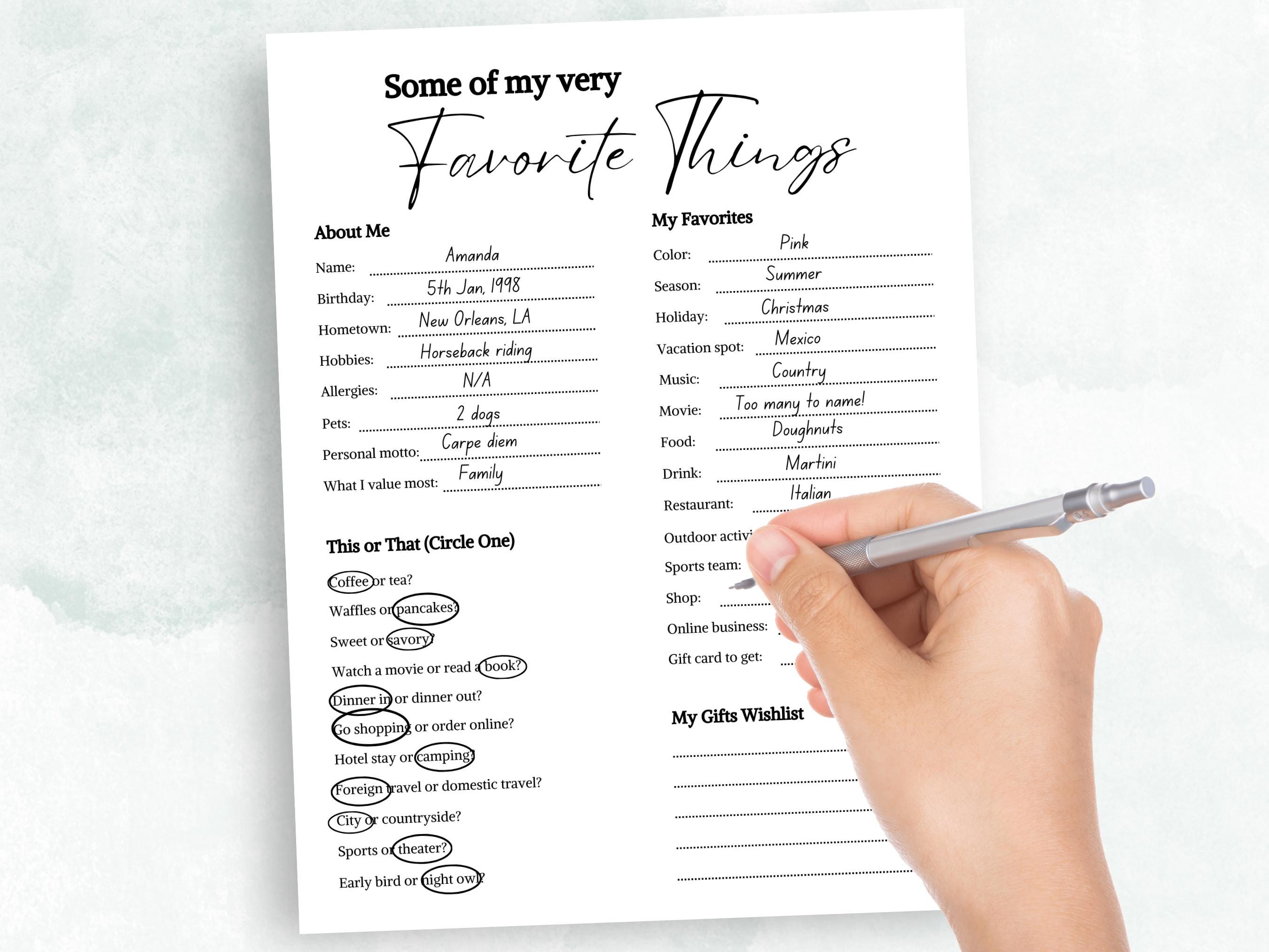 My Favorite Things List Survey Printable, All About Me Questionnaire ...