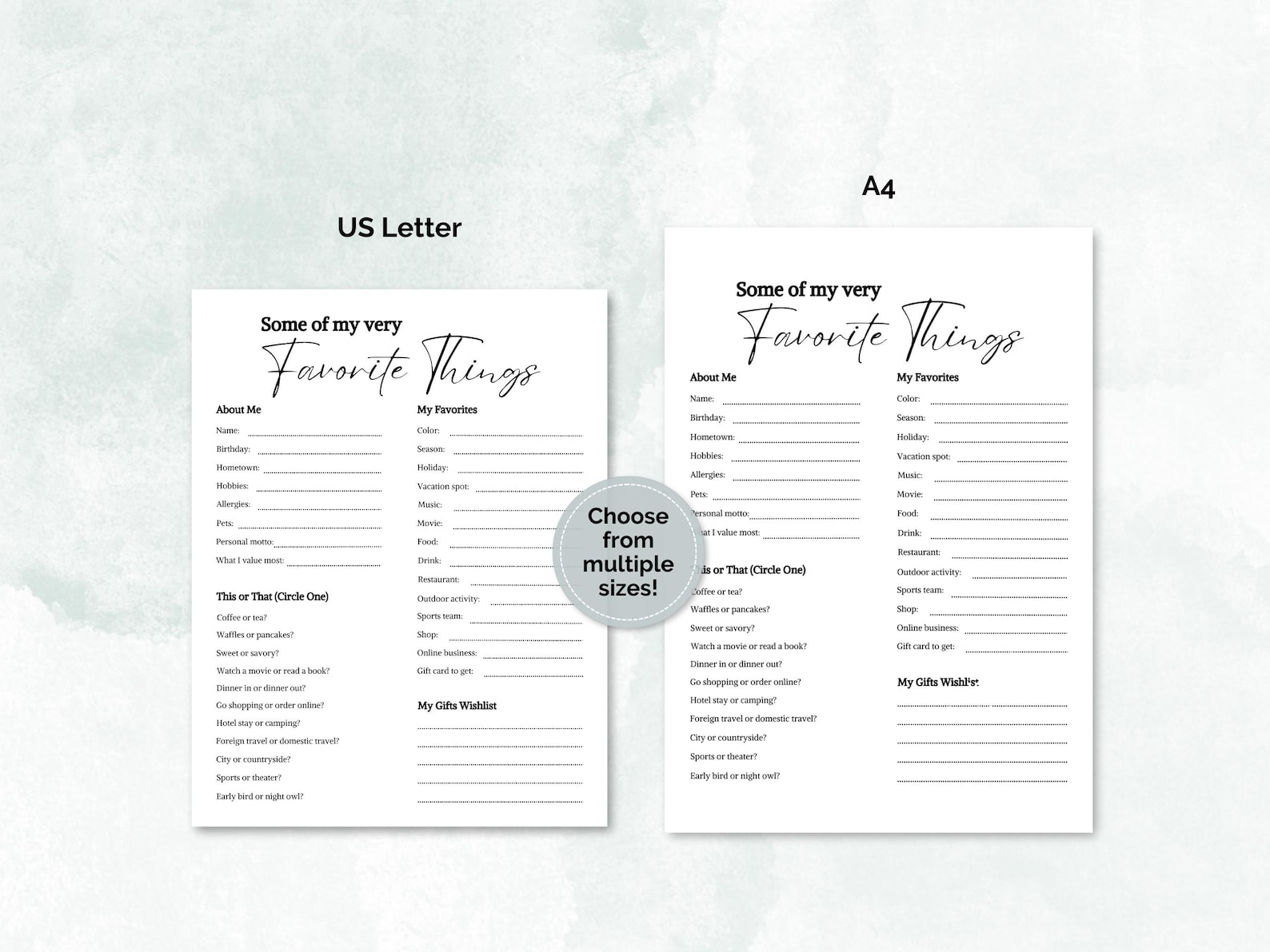 My Favorite Things List Survey Printable, All About Me Questionnaire ...