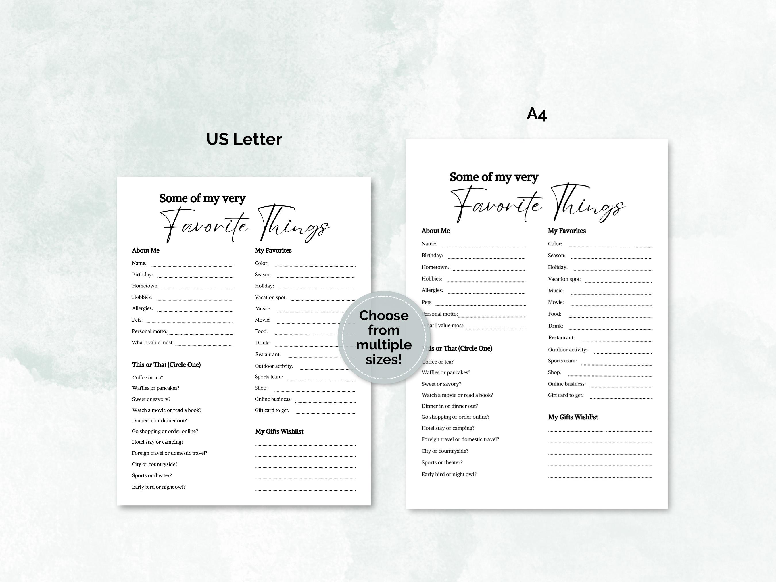 My Favorite Things List Survey Printable, All About Me Questionnaire ...