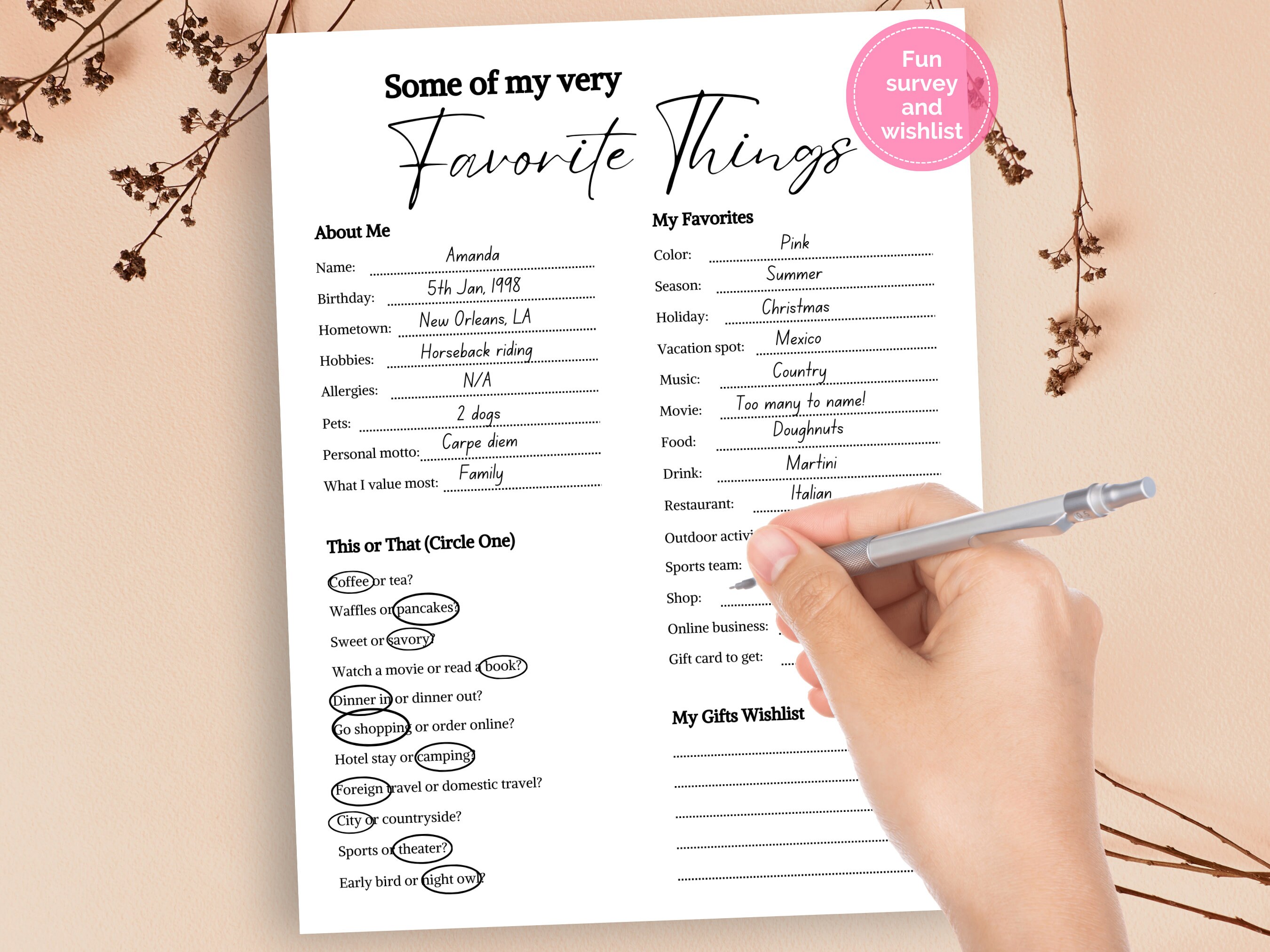 My Favorite Things List Survey Printable, All About Me Questionnaire ...